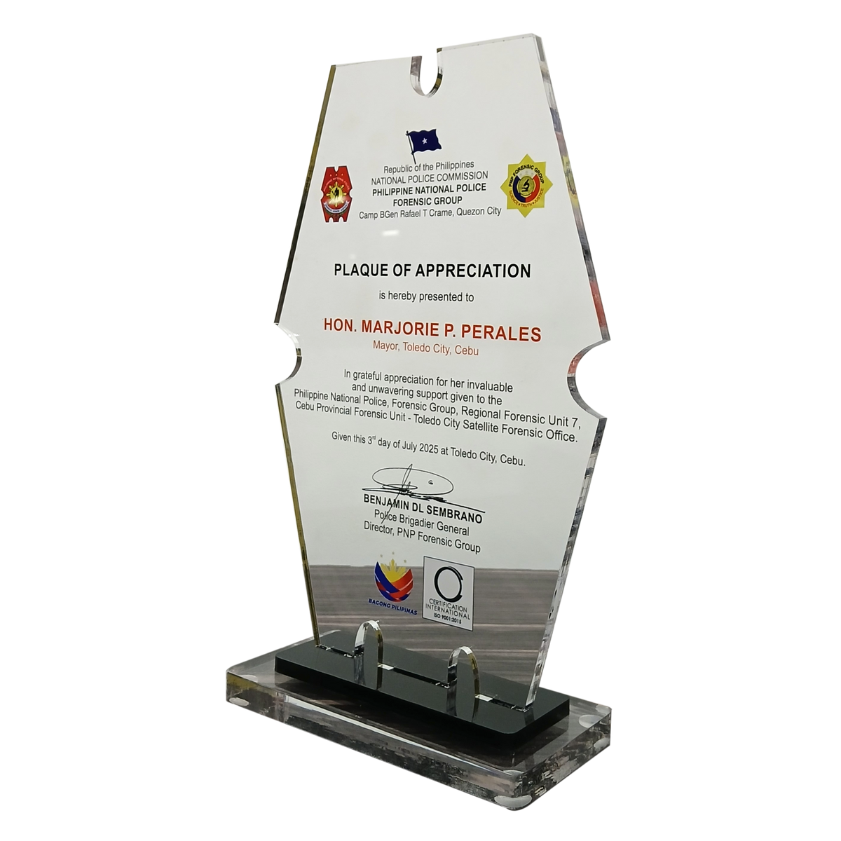 PNP Forensic Group Plaque - Plaque of Appreciation – Suarez Arts