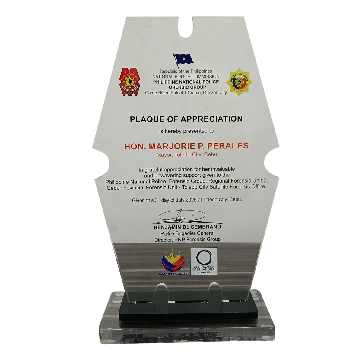PNP Forensic Group Plaque - Plaque of Appreciation – Suarez Arts