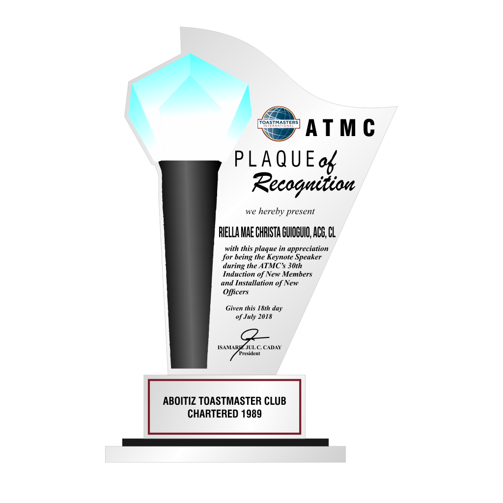 Aboitiz Toast Master Club (ATMC) Plaque 2018 – Suarez Arts