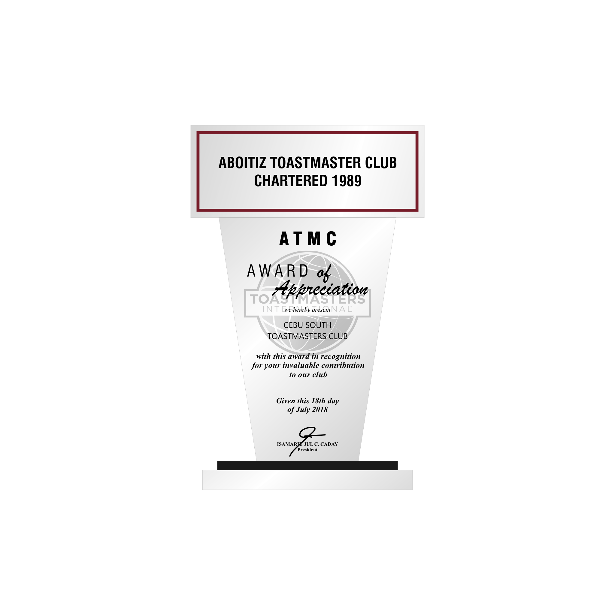 Aboitiz Toast Master Club (ATMC) Plaque 2018 – Suarez Arts