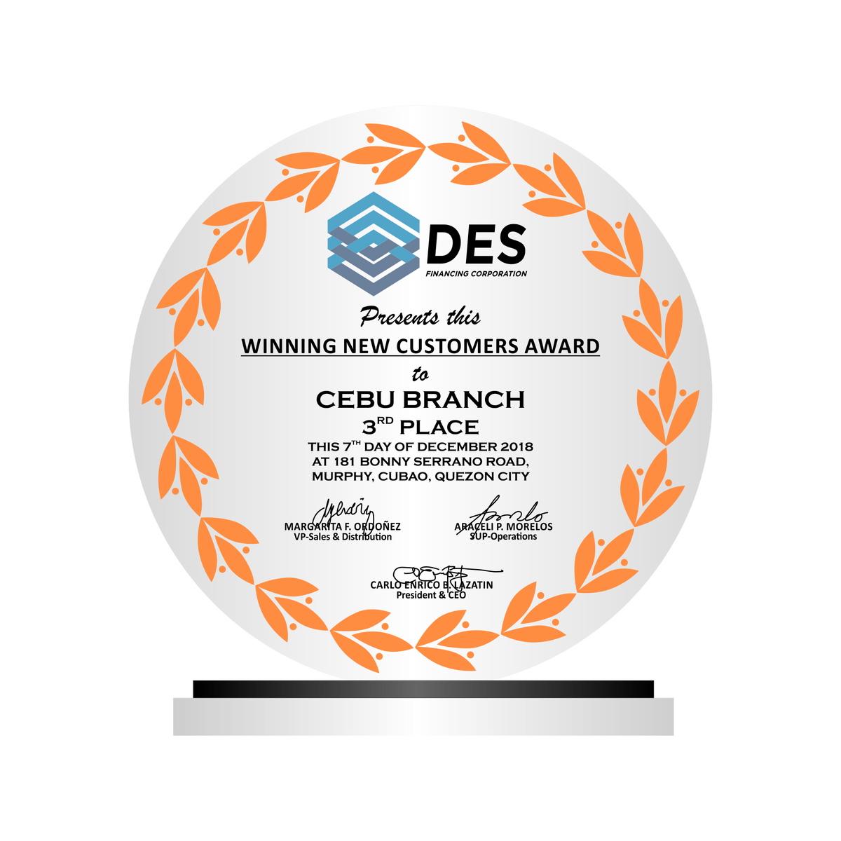 DES Financing Corp. Plaque – Suarez Arts